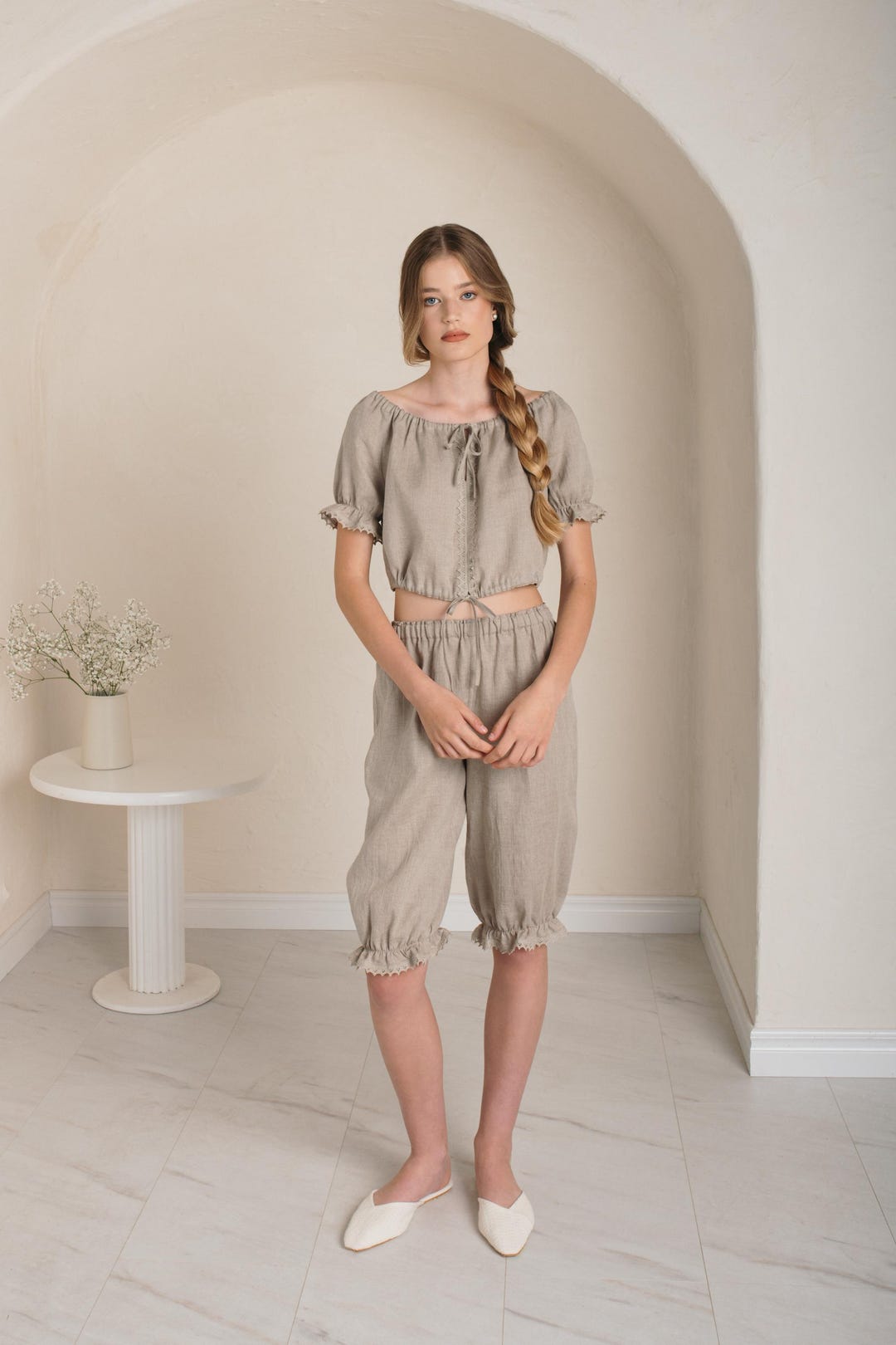 Linen Pajama Set Anastasia Lace. Babydoll Pajama in Natural Flax. Linen ...