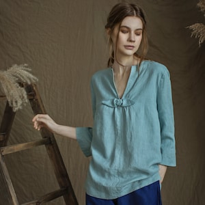 ROSEMARY- Linen Elegant Blouse in Yellow/ Linen Tunic With Rose Decor ...