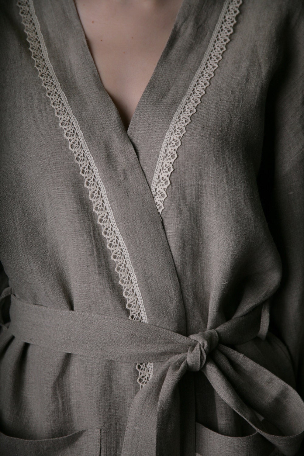 Linen Bath Robe Natural Genova / Night Robe Short Laced/ Flax - Etsy