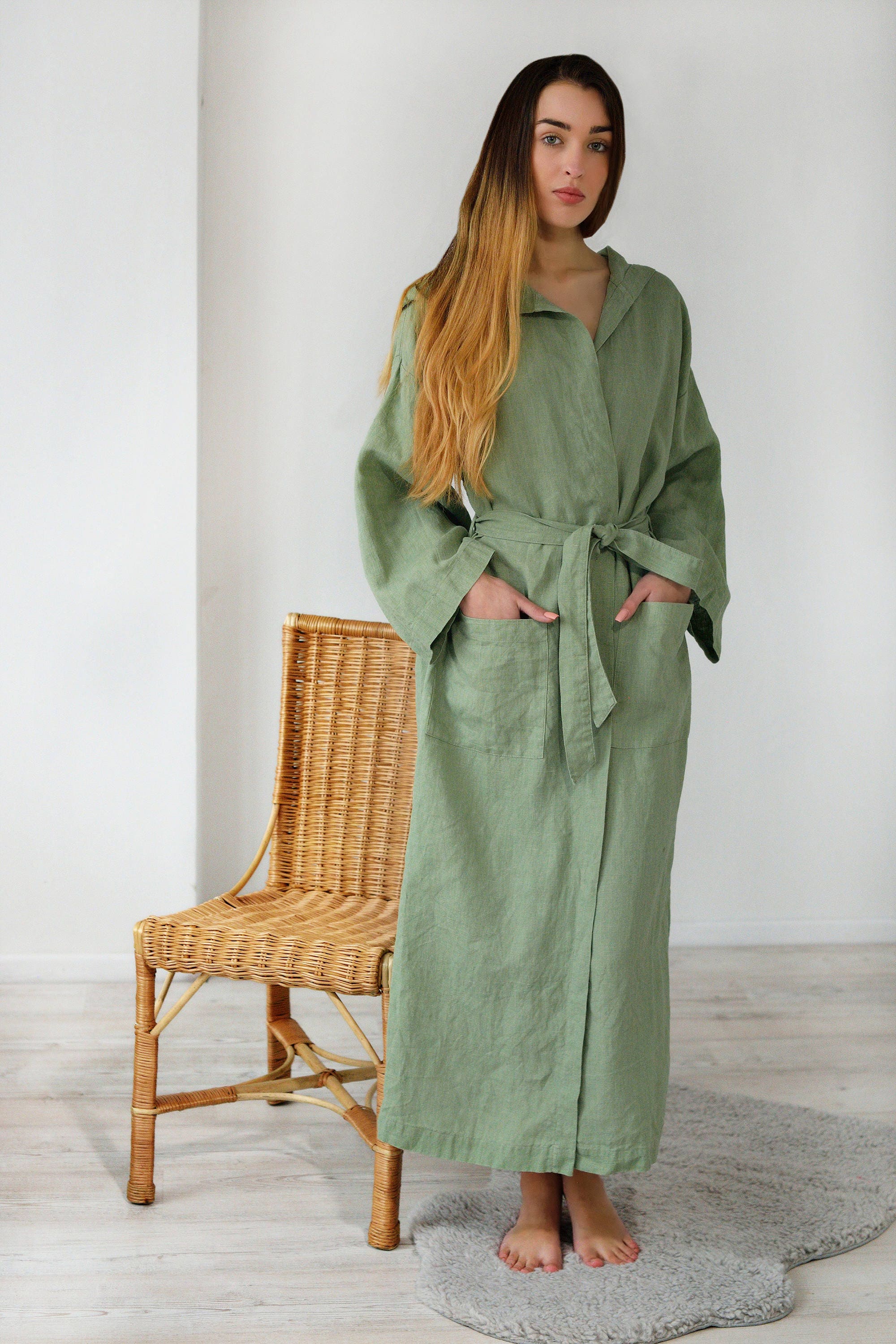 Linen Bath Robe MILDA / Long Oversize Hooded Gown/ Long Belted - Etsy