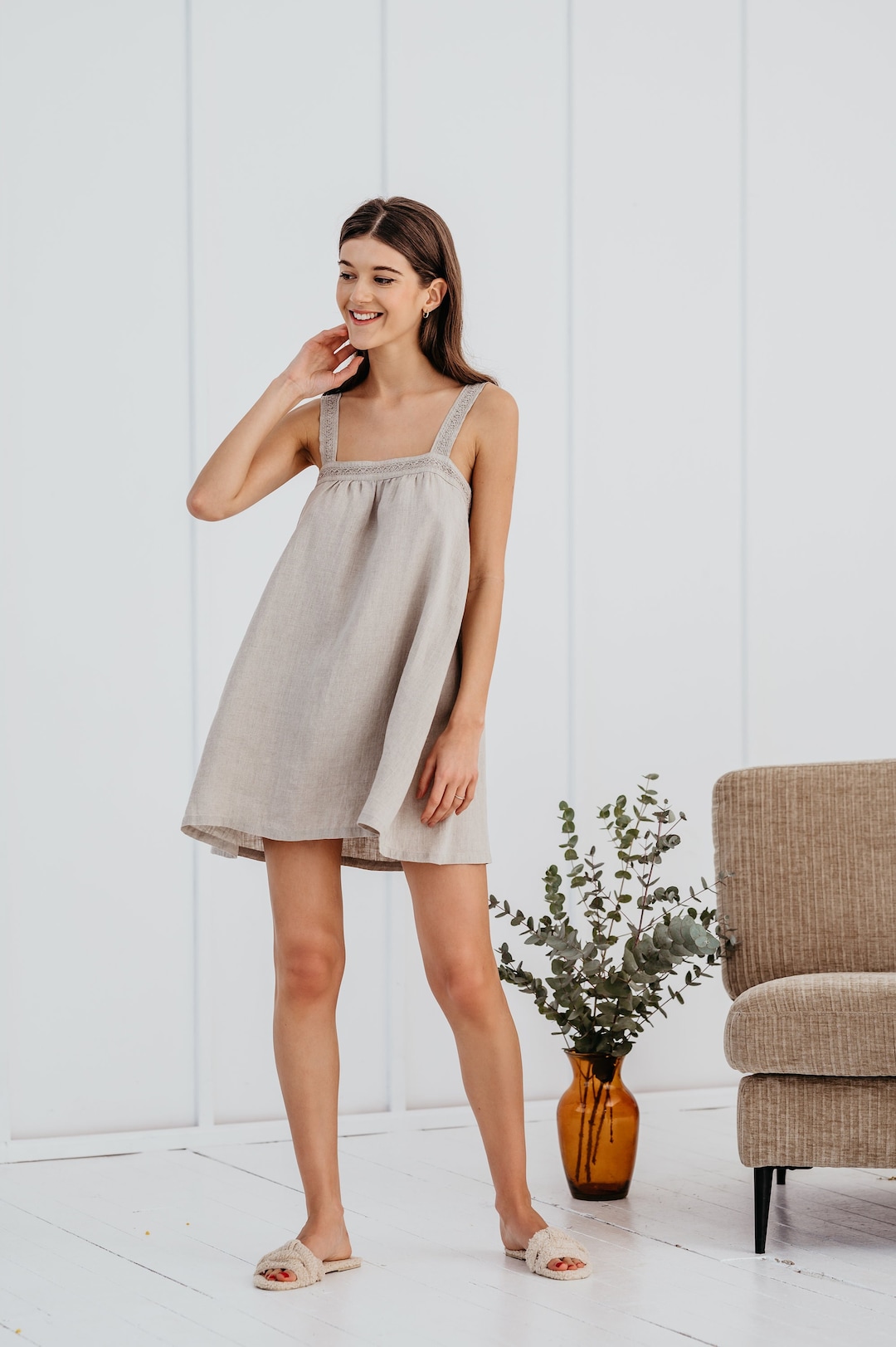 Linen Short Night Gown RIVER/ Vintage Night Dress Natural/ - Etsy