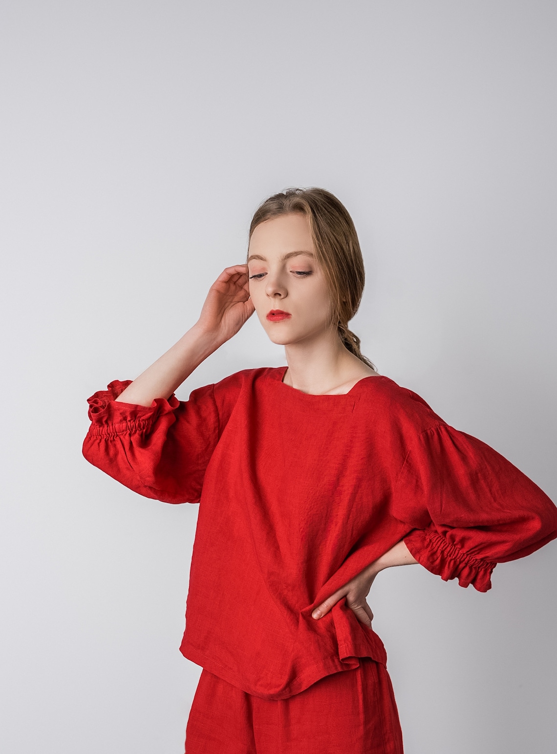 Camicetta oversize in lino scarlatto: top boho lilla con maniche ...