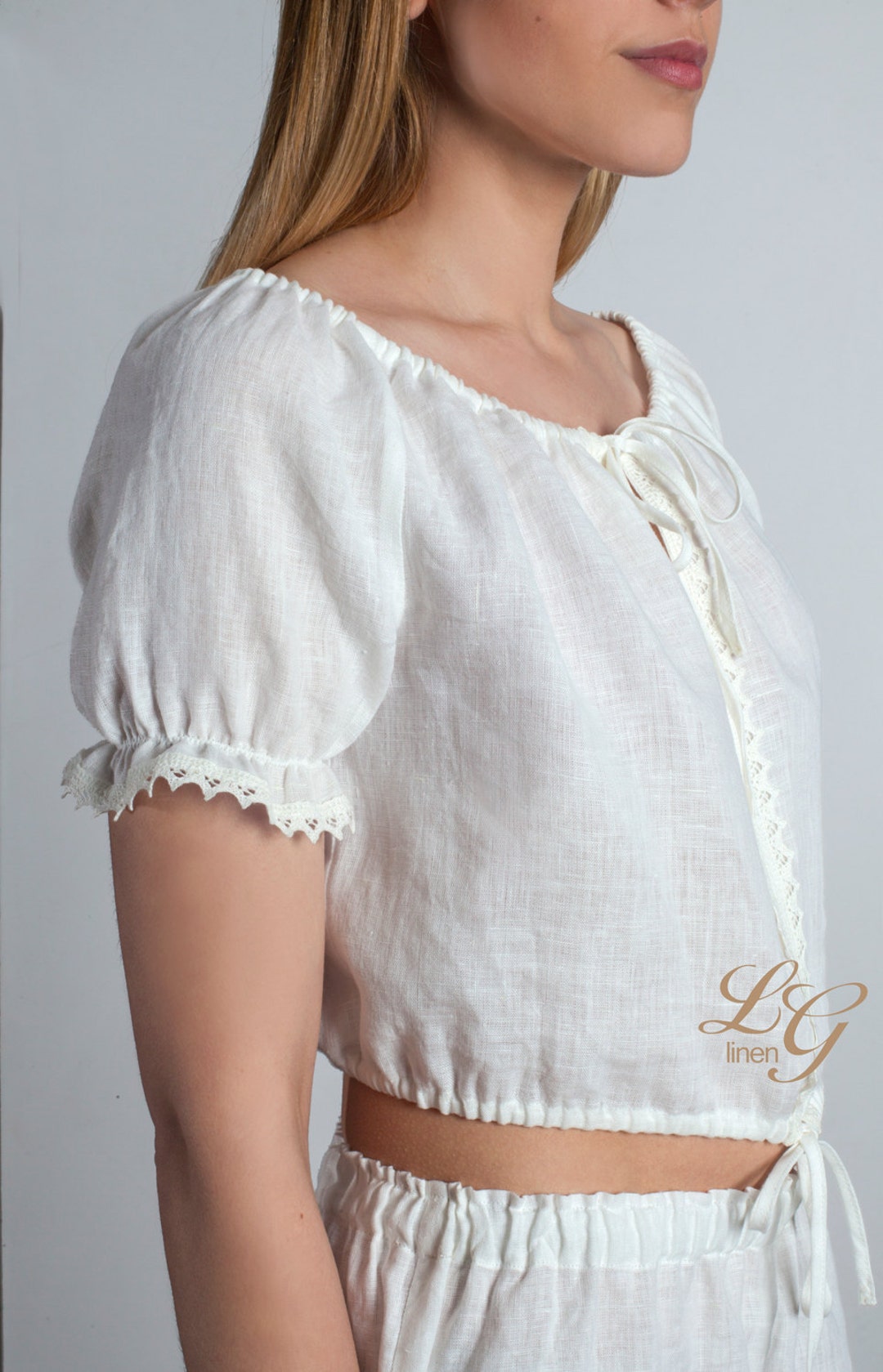 Linen White Pajama Top ANASTASIA LACE for Woman/ Linen Cropped Top With ...