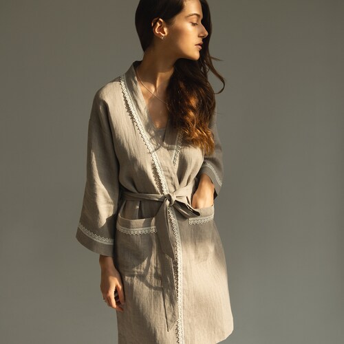Linen Bath Robe Natural Genova / Night Robe Short Laced/ Flax - Etsy