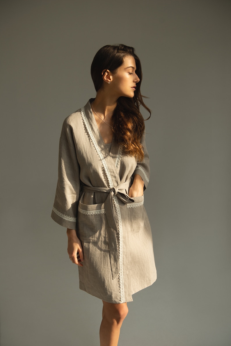 Linen Bath Robe Natural Genova / Night Robe Short Laced/ Flax - Etsy