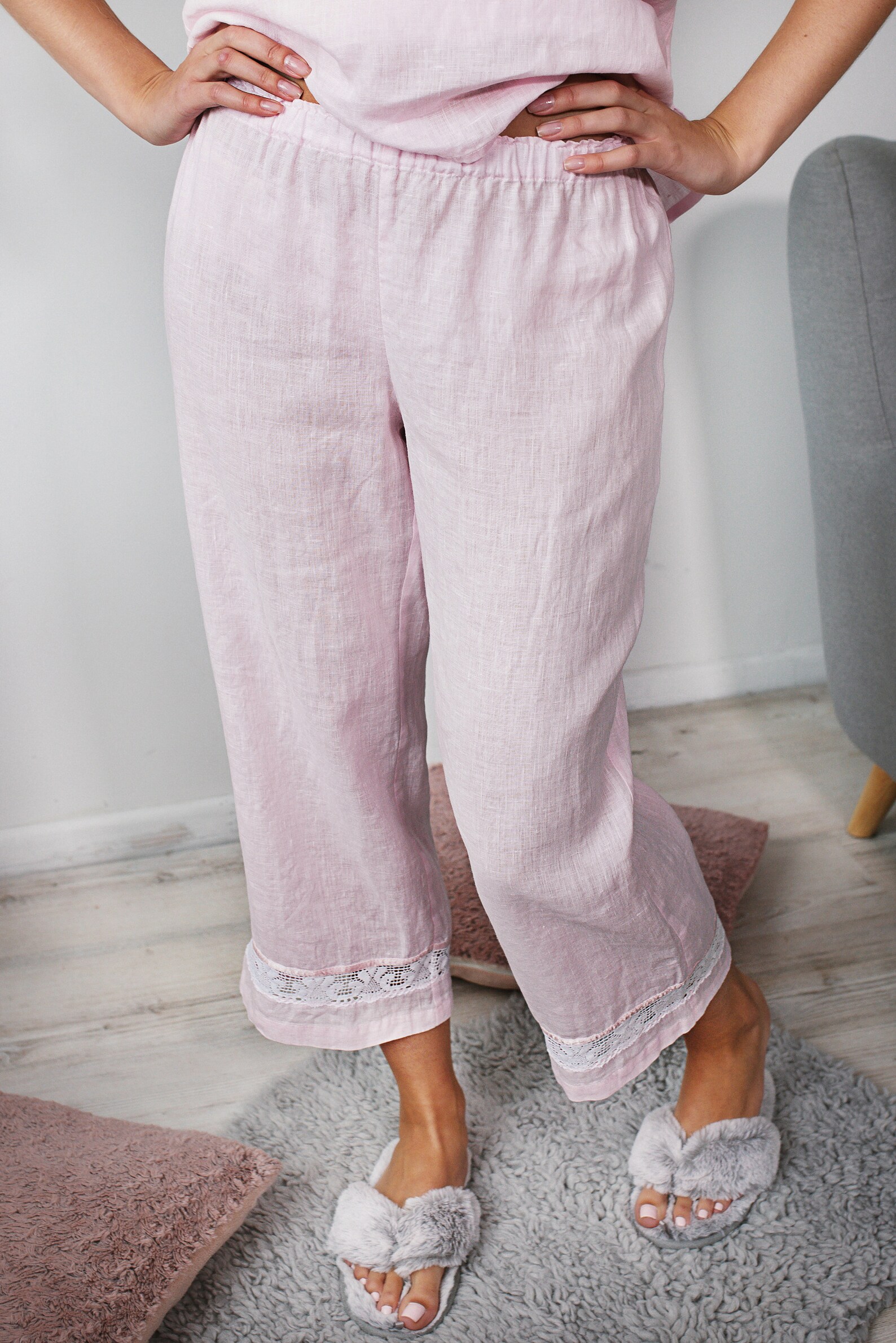 Linen Pajama Set CHARLOTTE Laced for Women/ Top Kimono and Cropped ...