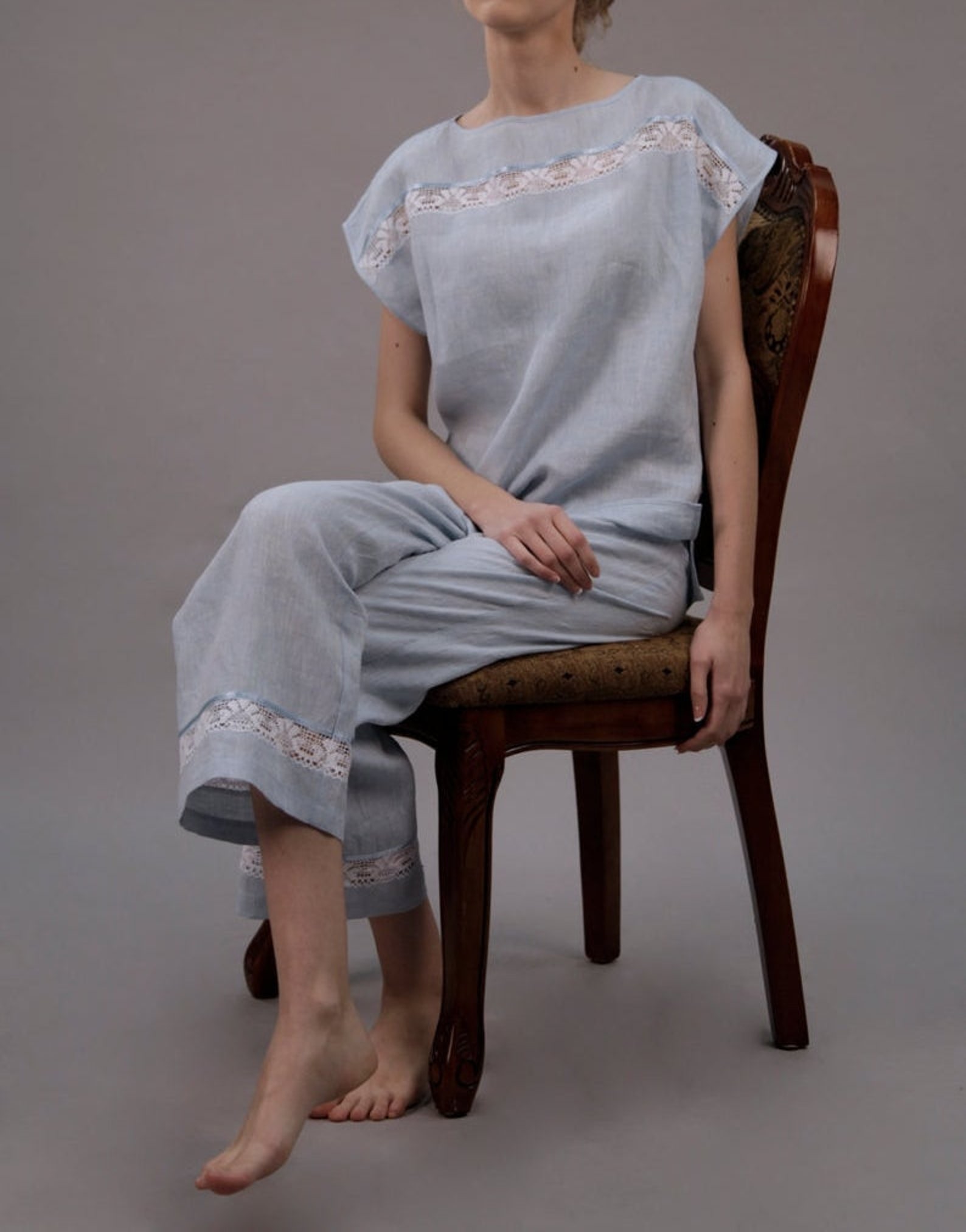 Linen Pajama Set CHARLOTTE Laced for Women/ Top Kimono and Cropped ...