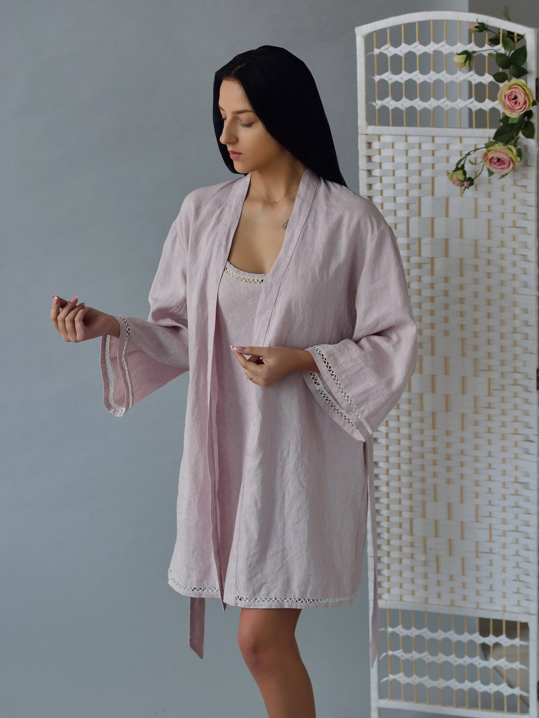 Linen Short Bath Robe Organic MONA / Night Gown Laced on Sleeves and ...