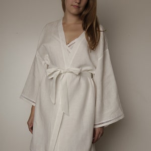 Linen Short Bath Robe Organic MONA / Night Gown Laced on Sleeves and ...