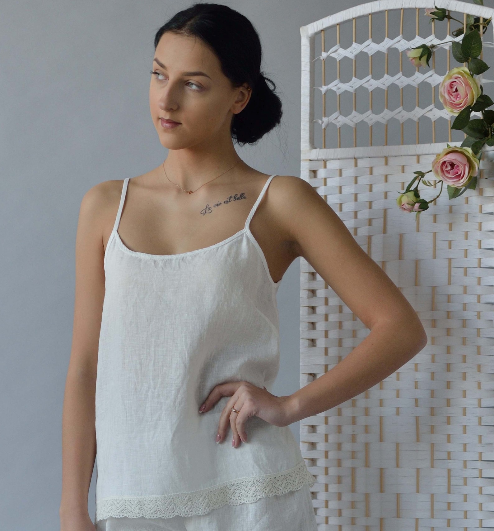 Linen Cami Isabella With Laced Bottom/linen Strapped Top/ Linen ...