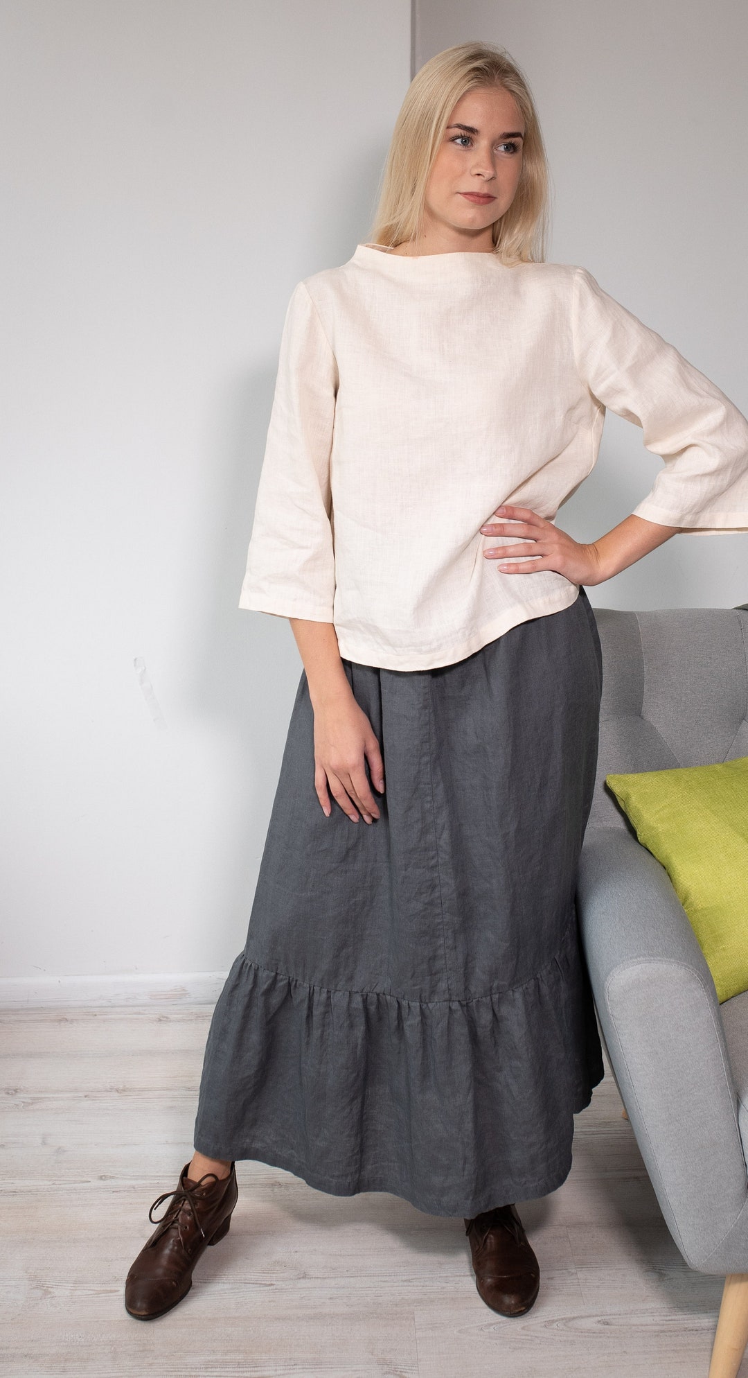Linen Blouse AYA With High Neck and 3/4 Sleeves/ Organic Linen Top ...