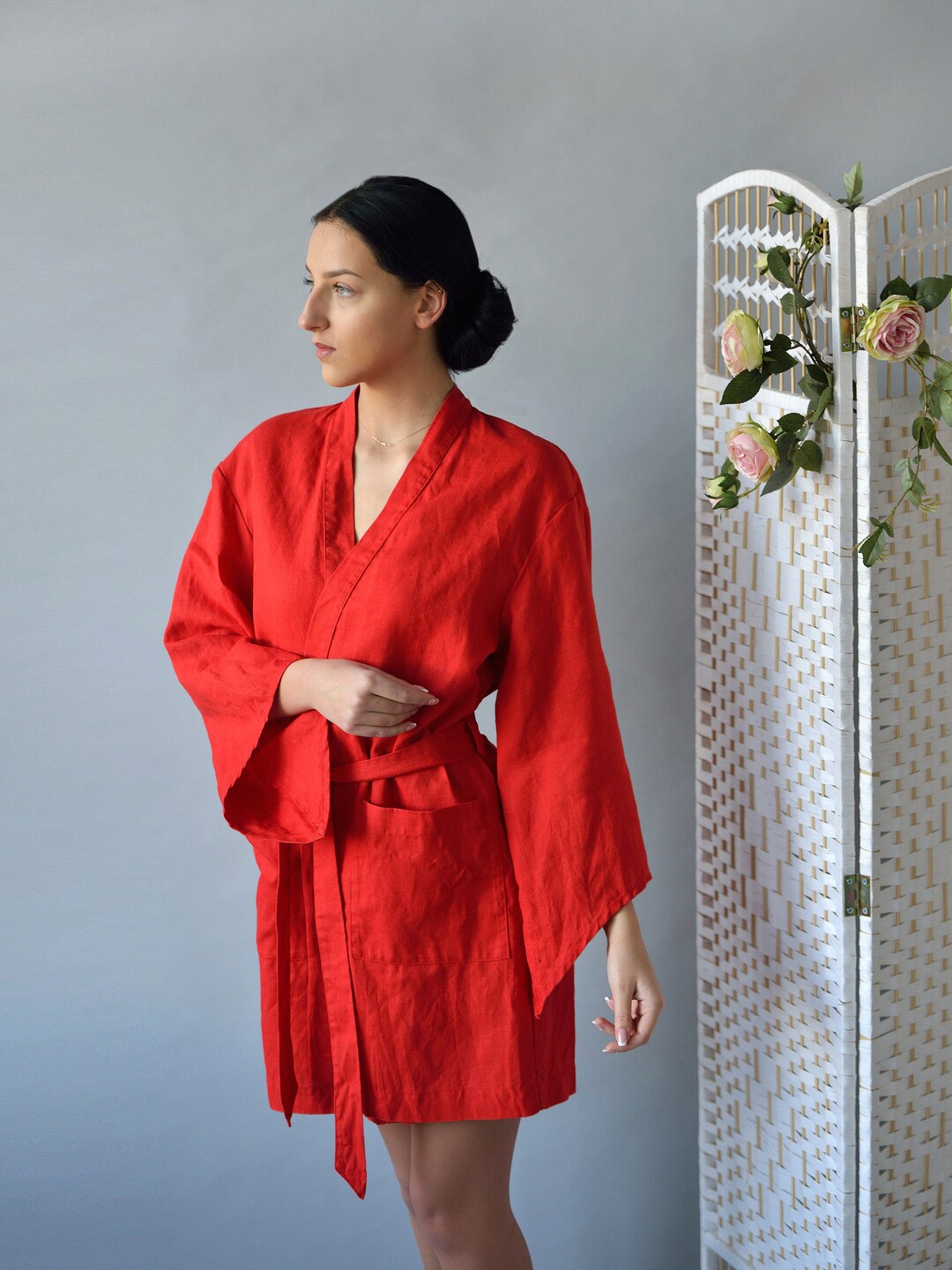 Red Linen Robe With Wide Sleeves, Japanese Style Gown - Etsy