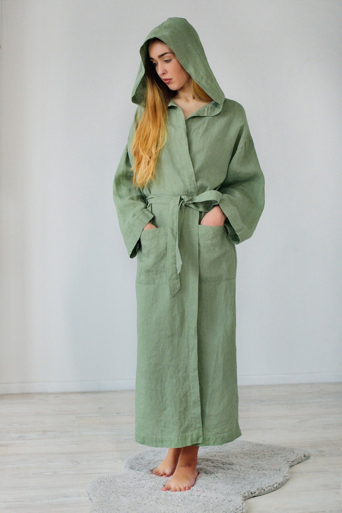 Linen Bath Robe MILDA / Long Oversize Hooded Gown/ Long Belted - Etsy