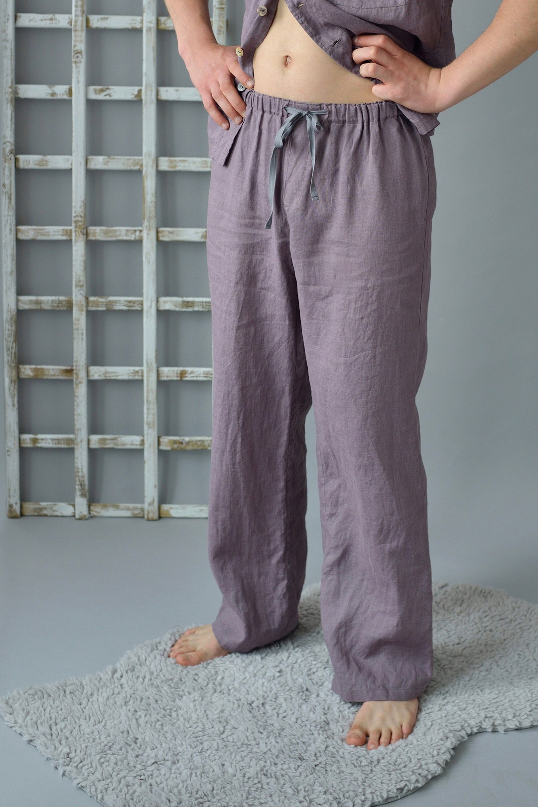 Linen Mens Pajama Pants With Open Front Fly Classic Pajama Trouser