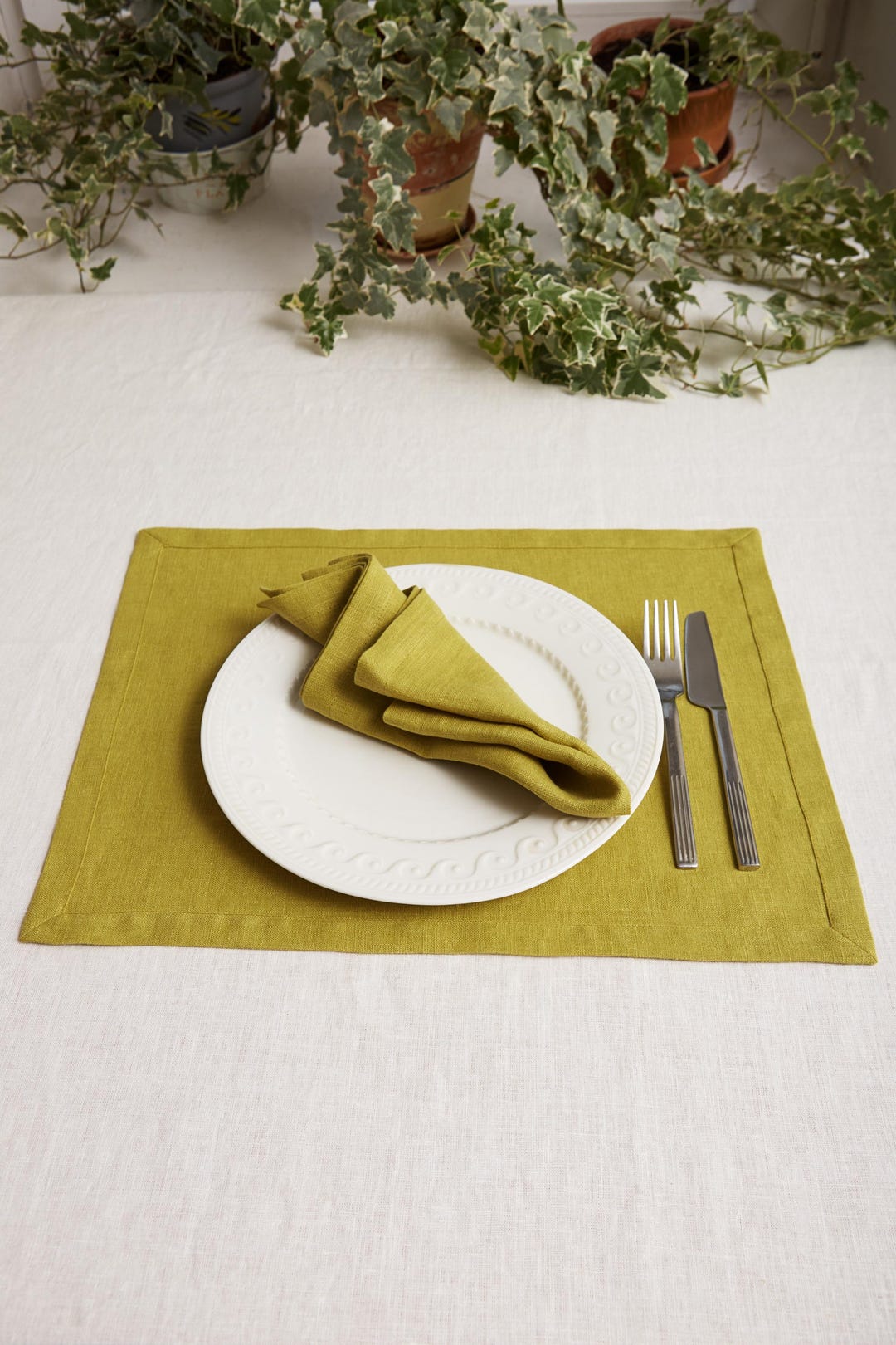 Linen Lime Green Placemats Sets for Farmhouse Table. Rustic Dining ...