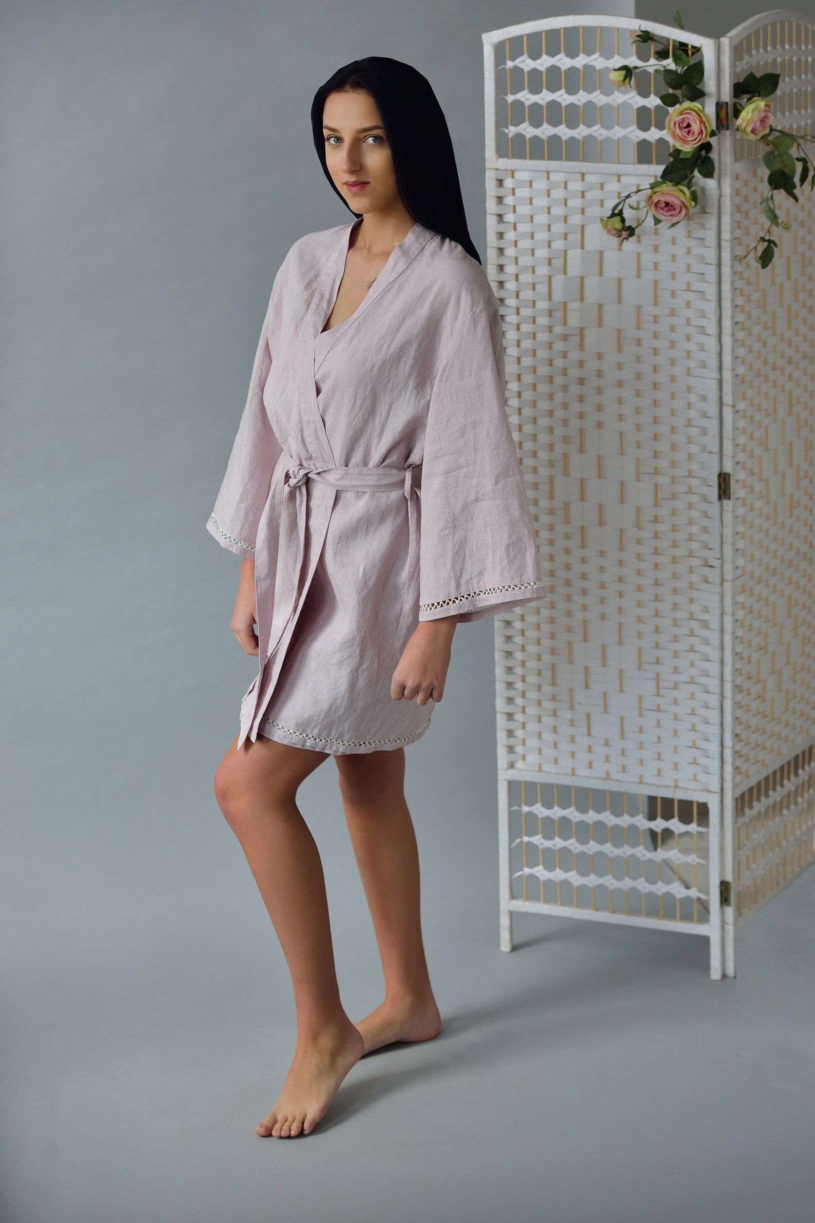 Linen Short Bath Robe Organic MONA / Night Gown Laced on - Etsy