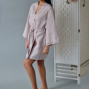 Linen Short Bath Robe Organic MONA / Night Gown Laced on Sleeves and ...