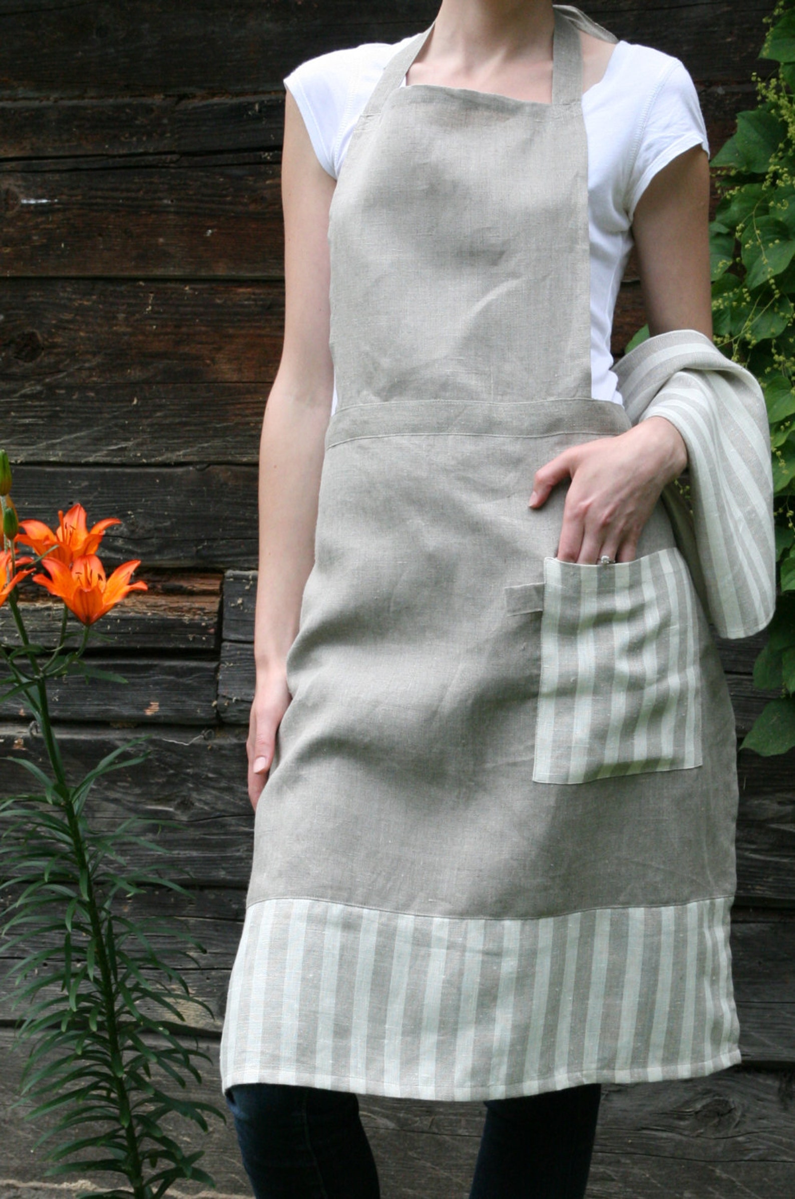 Linen Full Apron & Kitchen Towel/ Natural Linen Apron/ Linen Kitchen ...