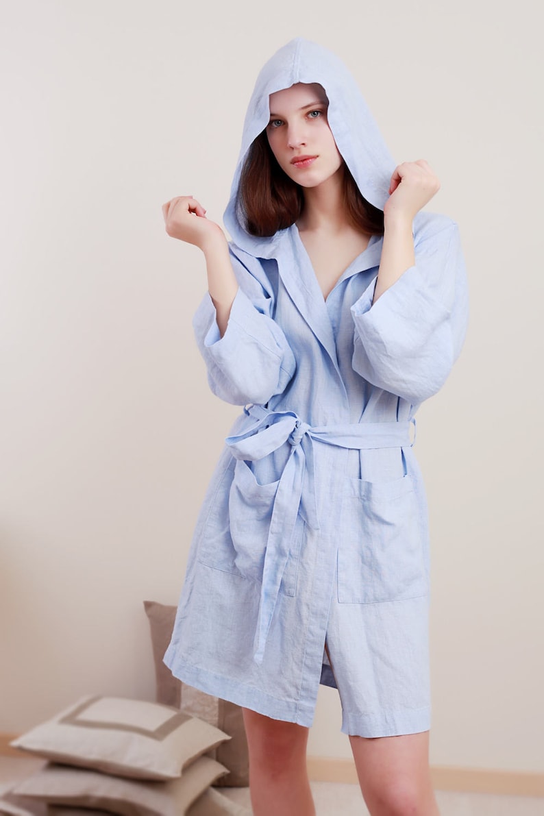 Linen Bath Robe Hooded Short MILDA / Oversize Longsleeve Gown/ Belted ...