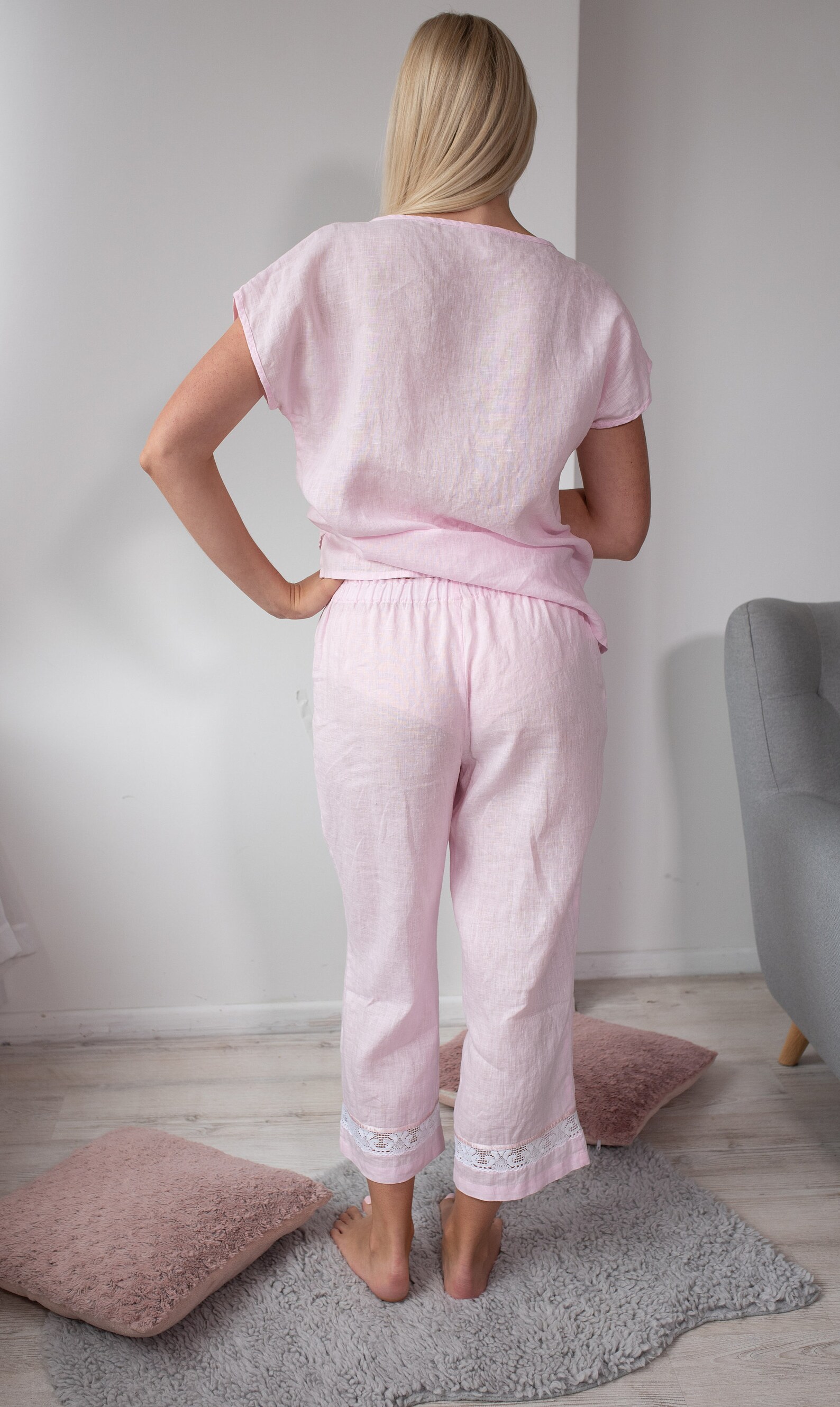 Linen Pajama Set CHARLOTTE Laced for Women/ Top Kimono and Cropped ...