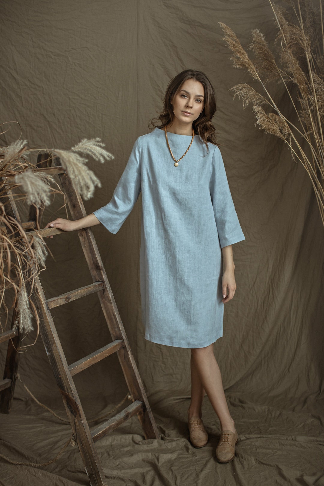 Linen Dress VERA With Higher Neck/ Dress Knee Length Simple and ...