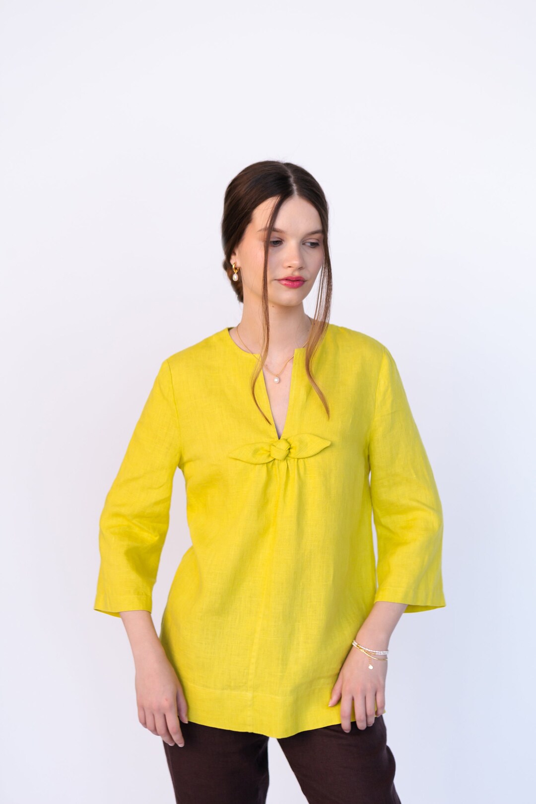 ROSEMARY- Linen Elegant Blouse in Yellow/ Linen Tunic With Rose Decor ...