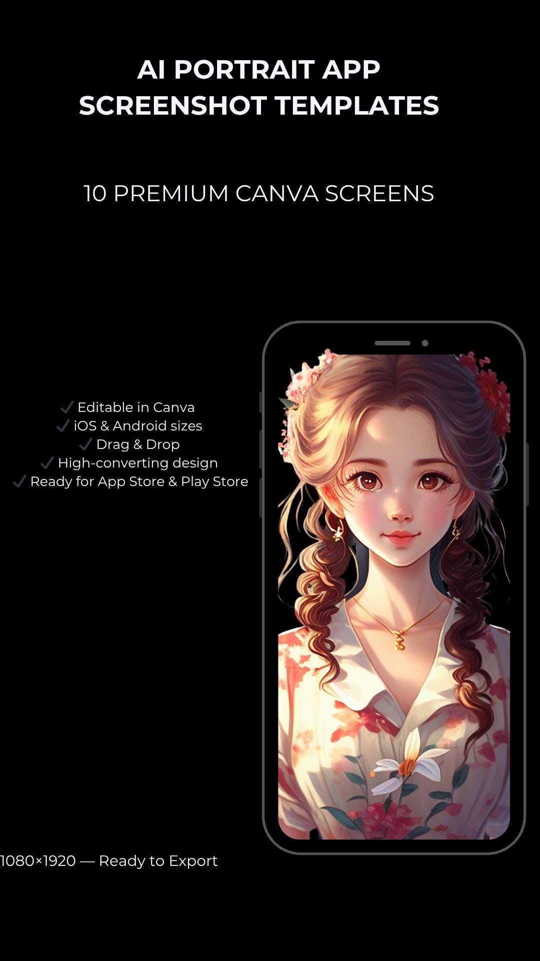 AI Portrait App Screenshot Templates – 10 Editable Canva Screens ...