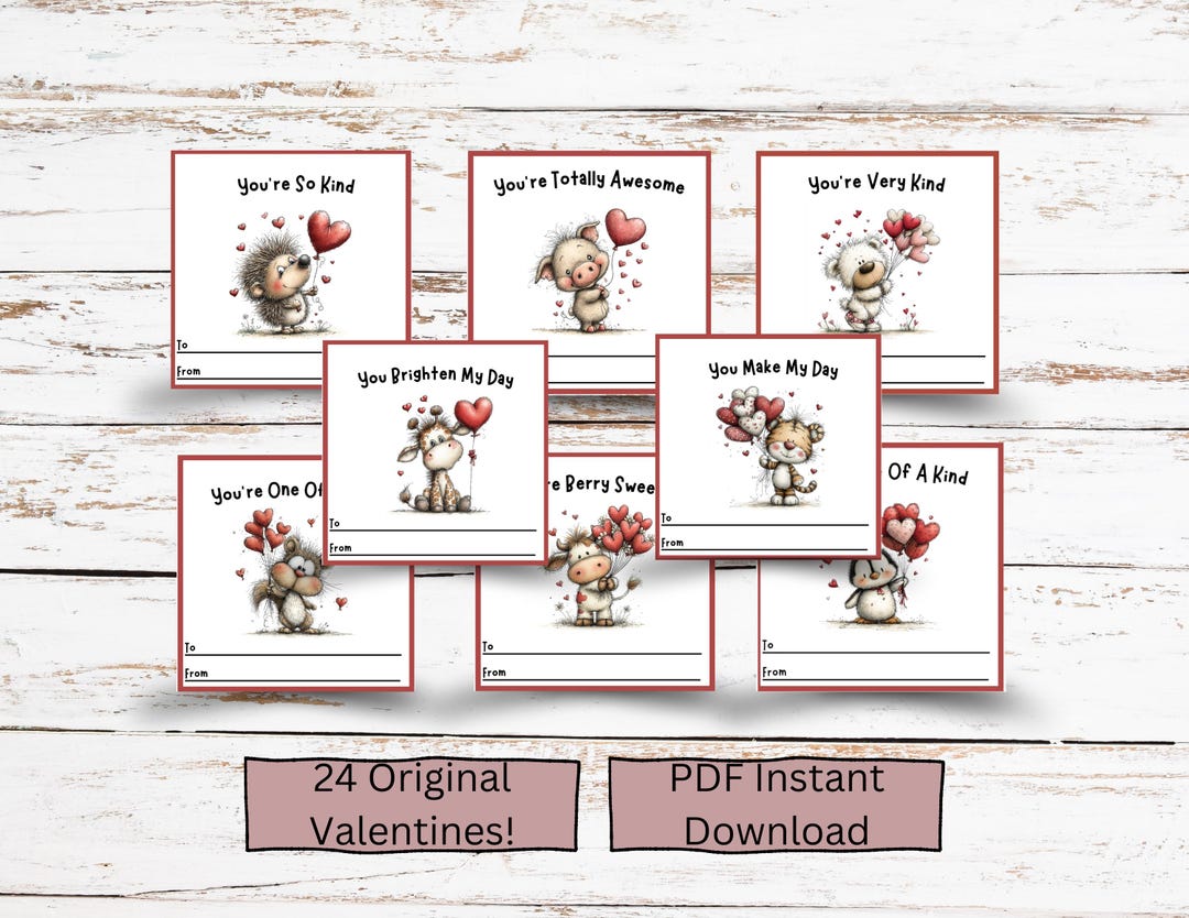 Printable Kids Valentines, Cute Animals With Balloons, Classroom ...