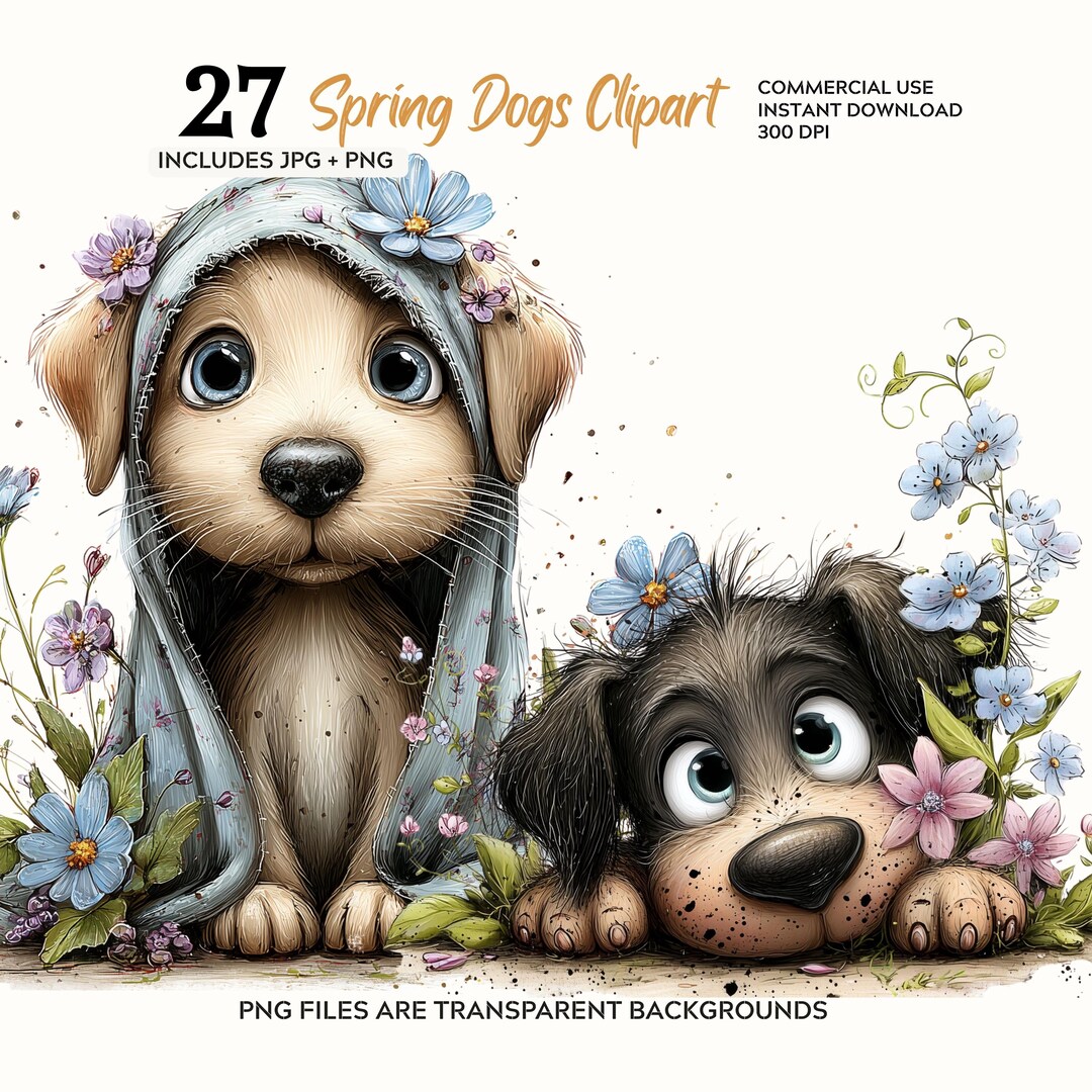 Spring Dogs Watercolor Clipart, Floral Puppy Illustrations (27 PNG) - Etsy
