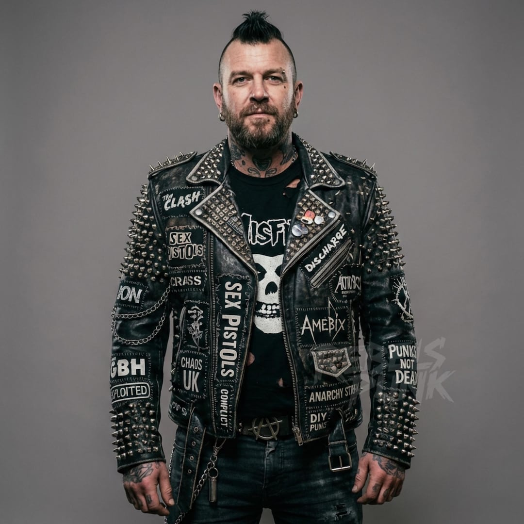 Mens Black Studded Punk Leather Jacket With Band Patches - Etsy