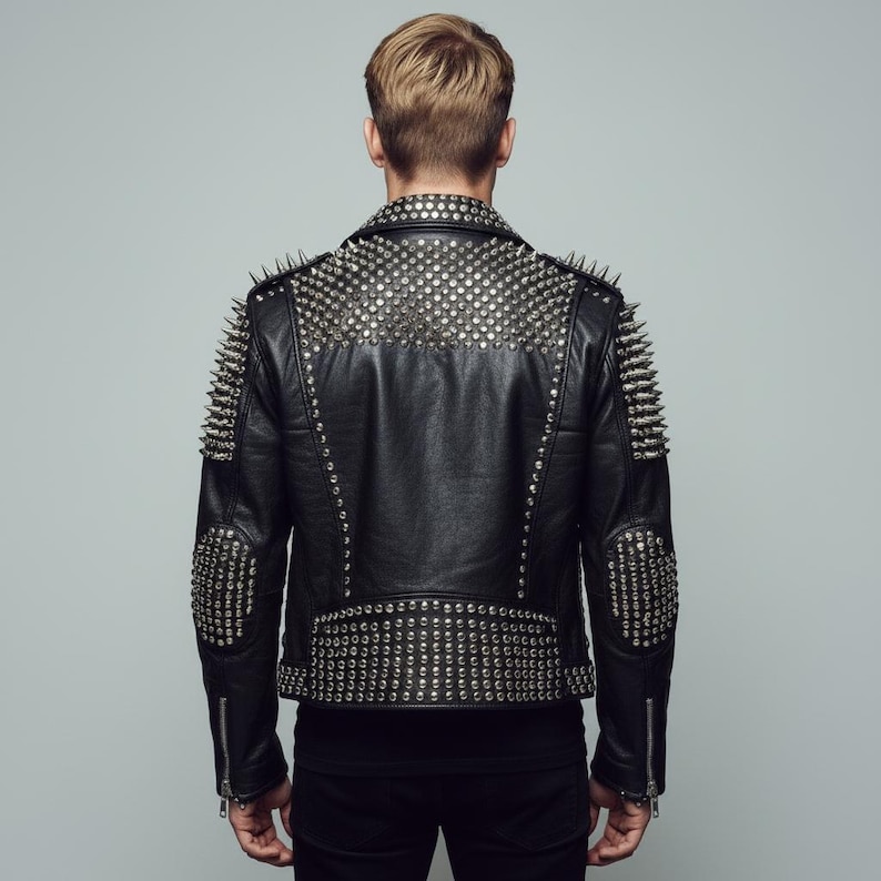Mens Heavy Silver Studded Black Leather Biker Jacket Spike Shoulders - Etsy