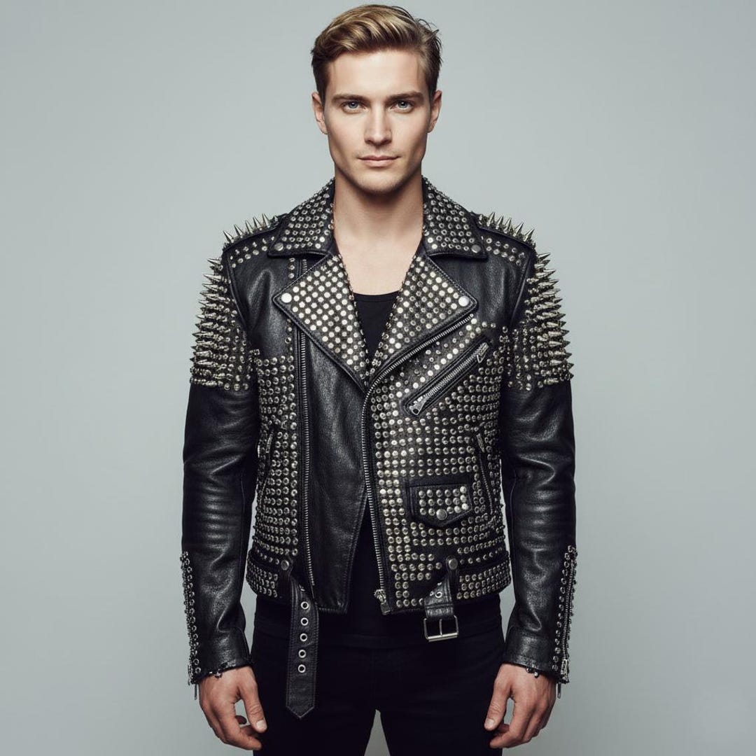 Mens Heavy Silver Studded Black Leather Biker Jacket Spike Shoulders - Etsy