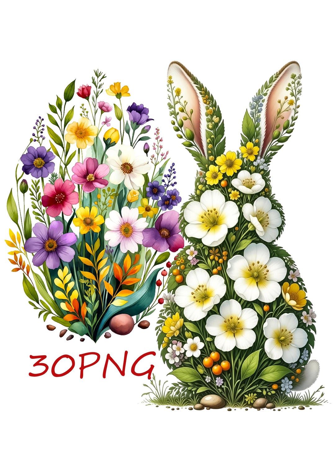 Floral Easter Egg and Bunny Clipart – 30 PNG Spring Flowers Digital ...