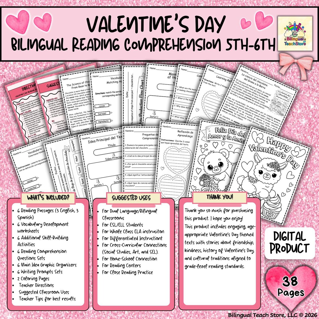 Valentine's Day Bilingual Reading Comprehension Passages, English ...