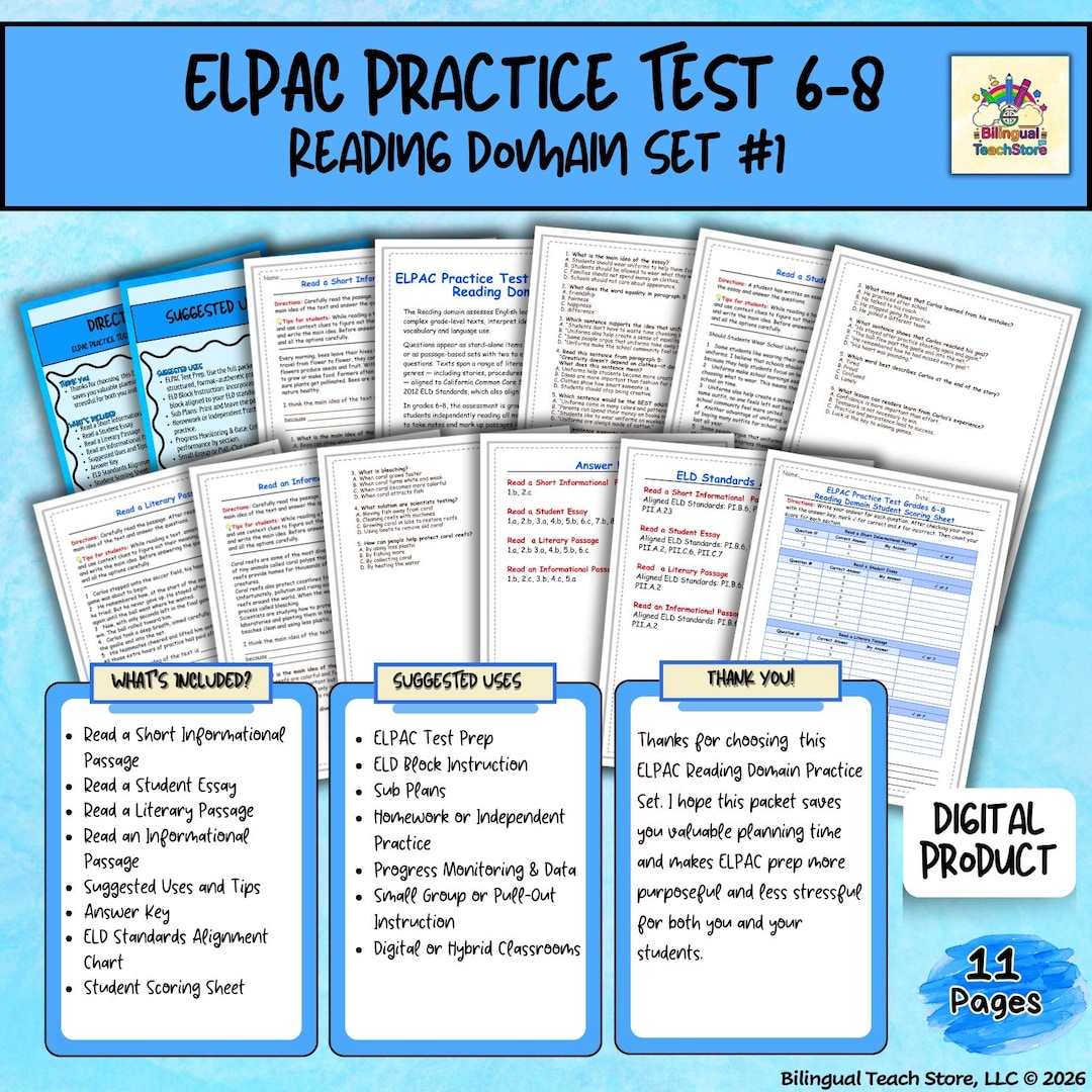 ELPAC Practice Test, Reading Domain, Grades 6–8, 4 Task Types, ELD ...