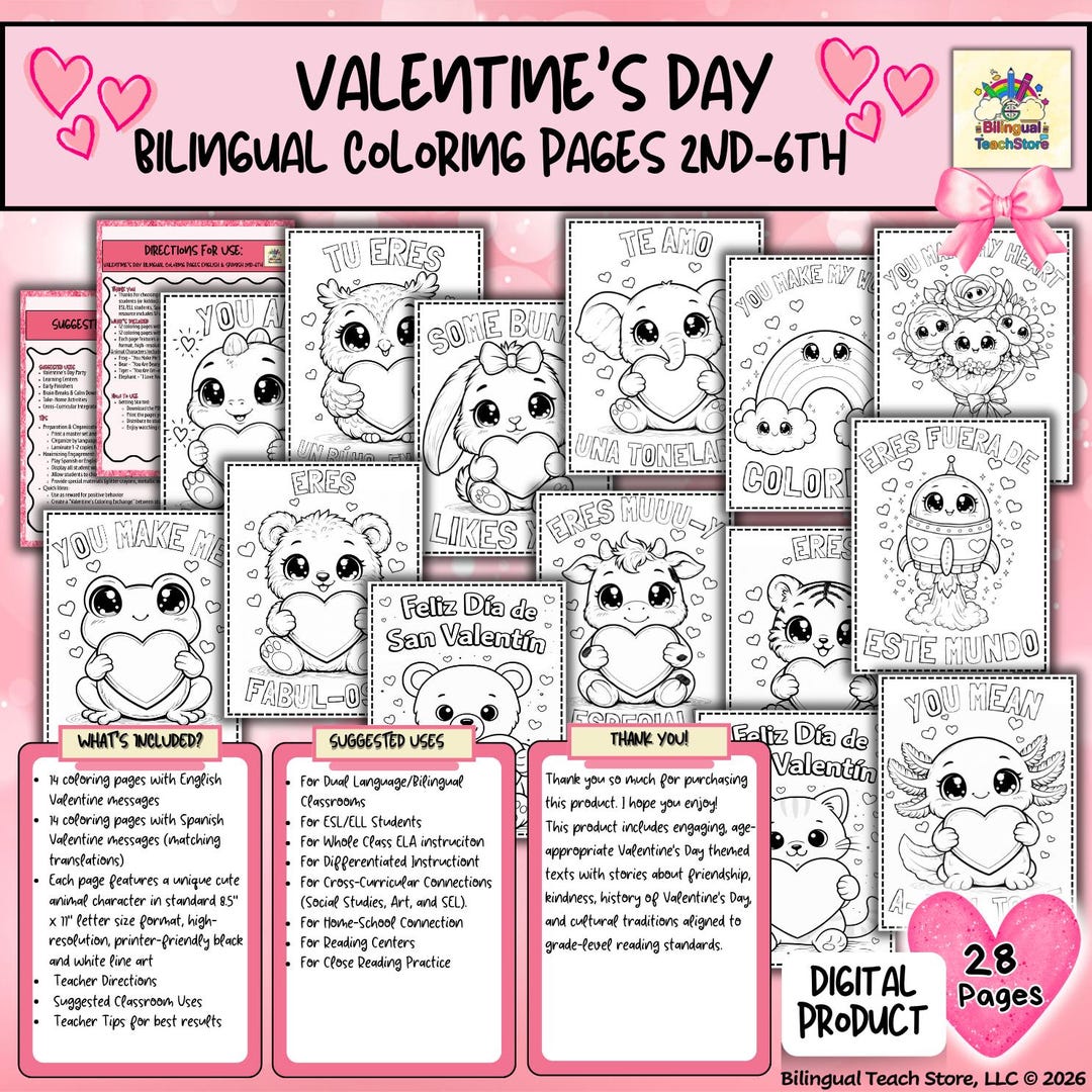 Cute Valentine's Day Bilingual Coloring Pages English & Spanish 2nd-6th ...