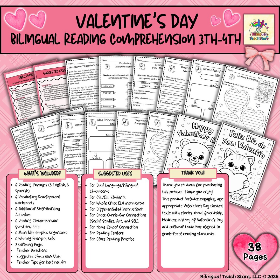 Valentine's Day Bilingual Reading Comprehension Digital Bundle, English ...