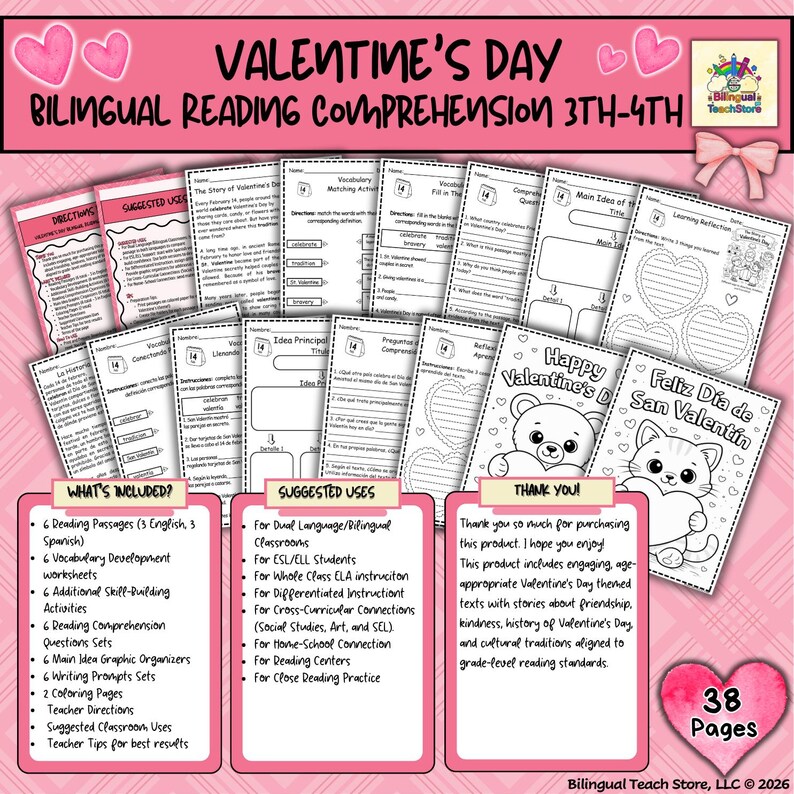 Valentine's Day Bilingual Reading Comprehension Digital Bundle, English ...