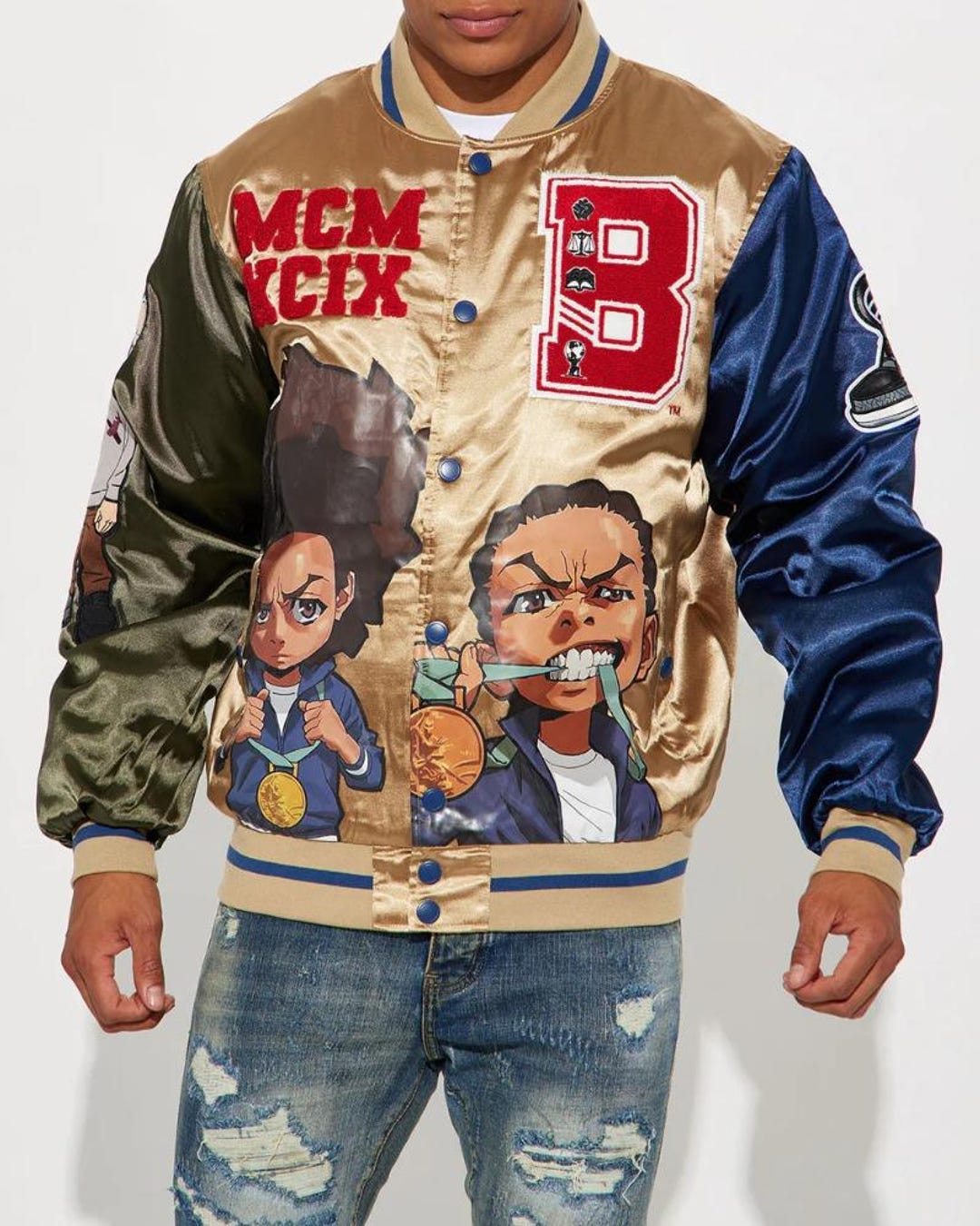 Boondocks Bomber Jacket, Khaki Green Streetwear Coat, Cartoon Graphic ...