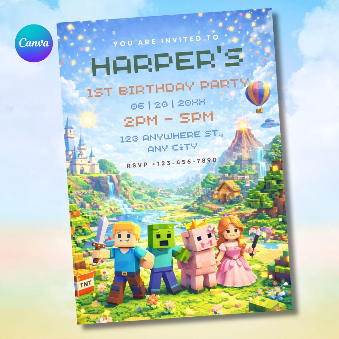 Editable Pixel Block Birthday Party Invitation Template | Crafter Boys ...