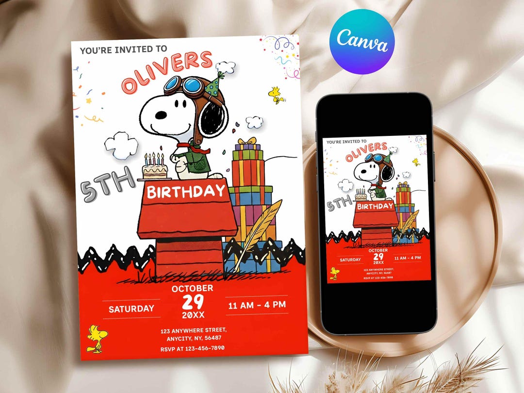 Snoopy Birthday Party Invitation | Snoopy Birthday Invite | Snoopy ...