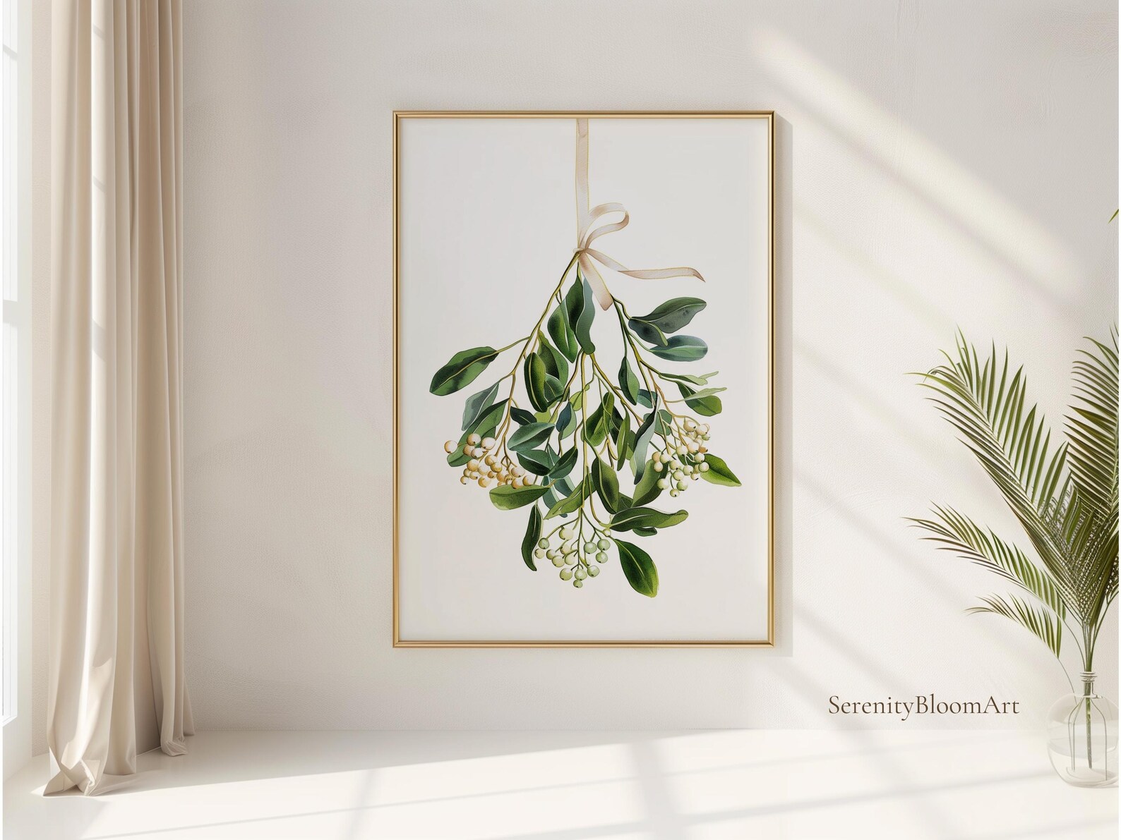 Hanging Mistletoe Wall Art Print, Vintage Botanical Decor, Kissing ...