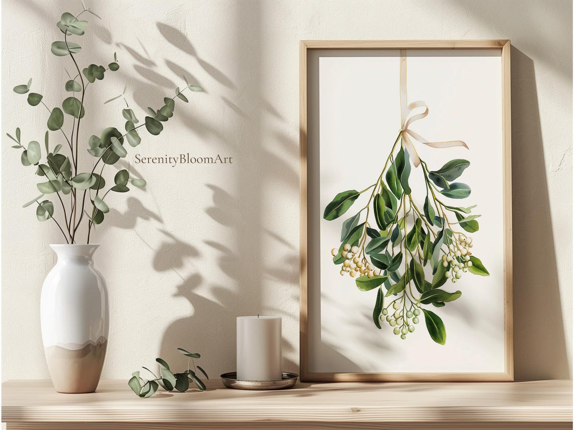 Hanging Mistletoe Wall Art Print, Vintage Botanical Decor, Kissing ...