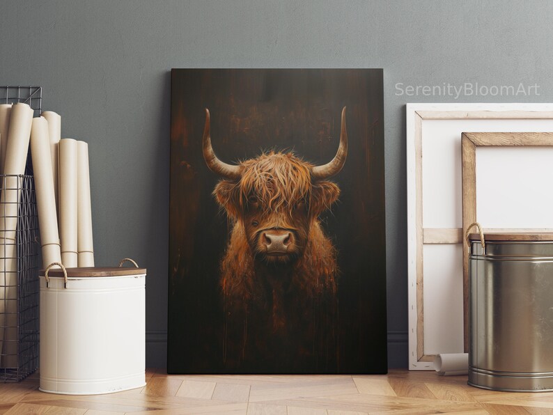 Moody Highland Cow Canvas, Western Gothic Wall Art, Rustic Farmhouse ...