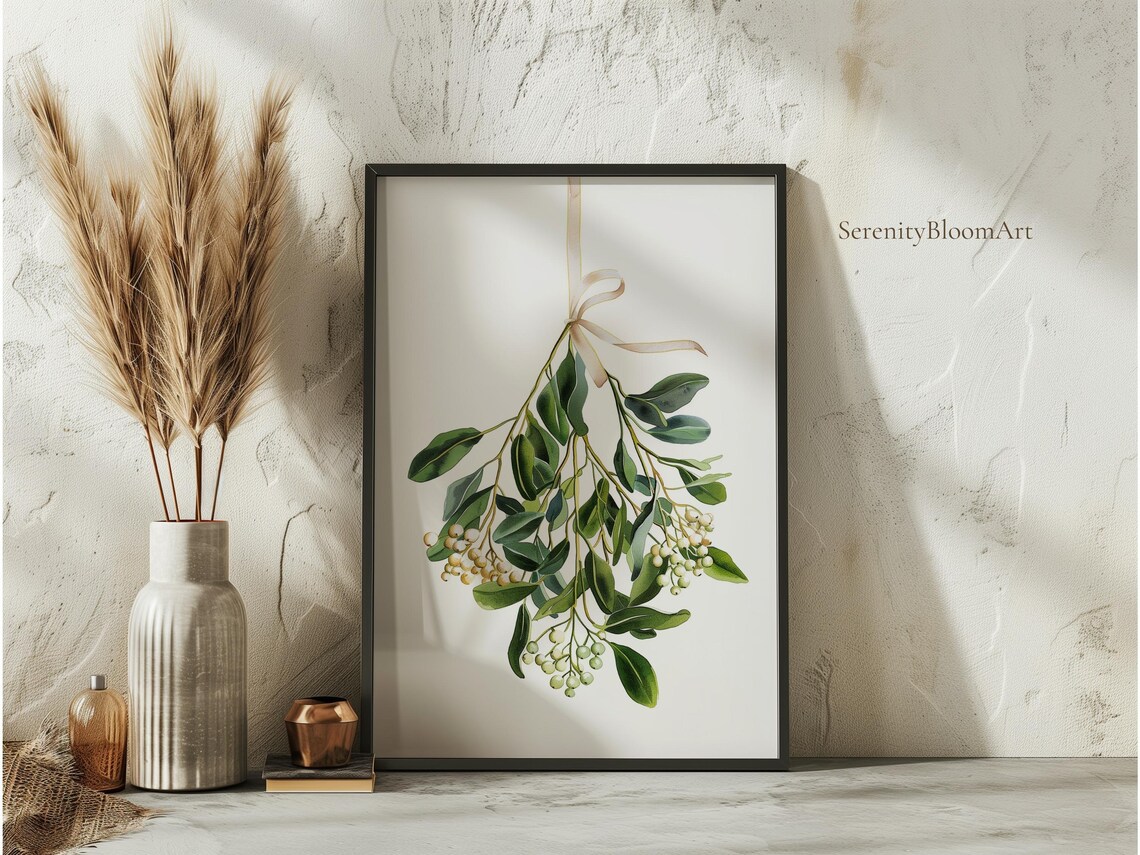 Hanging Mistletoe Wall Art Print, Vintage Botanical Decor, Kissing ...