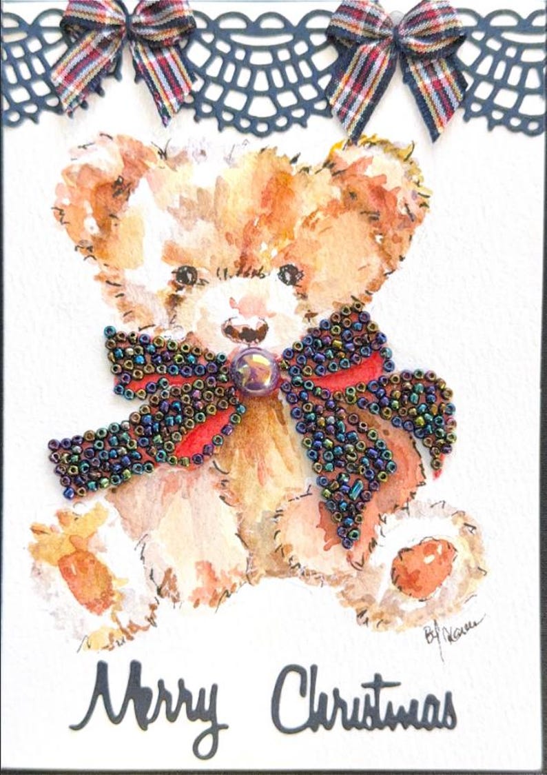 Handmade Watercolor Teddy Bear Christmas Card – Beaded Bow & Lace Trim ...