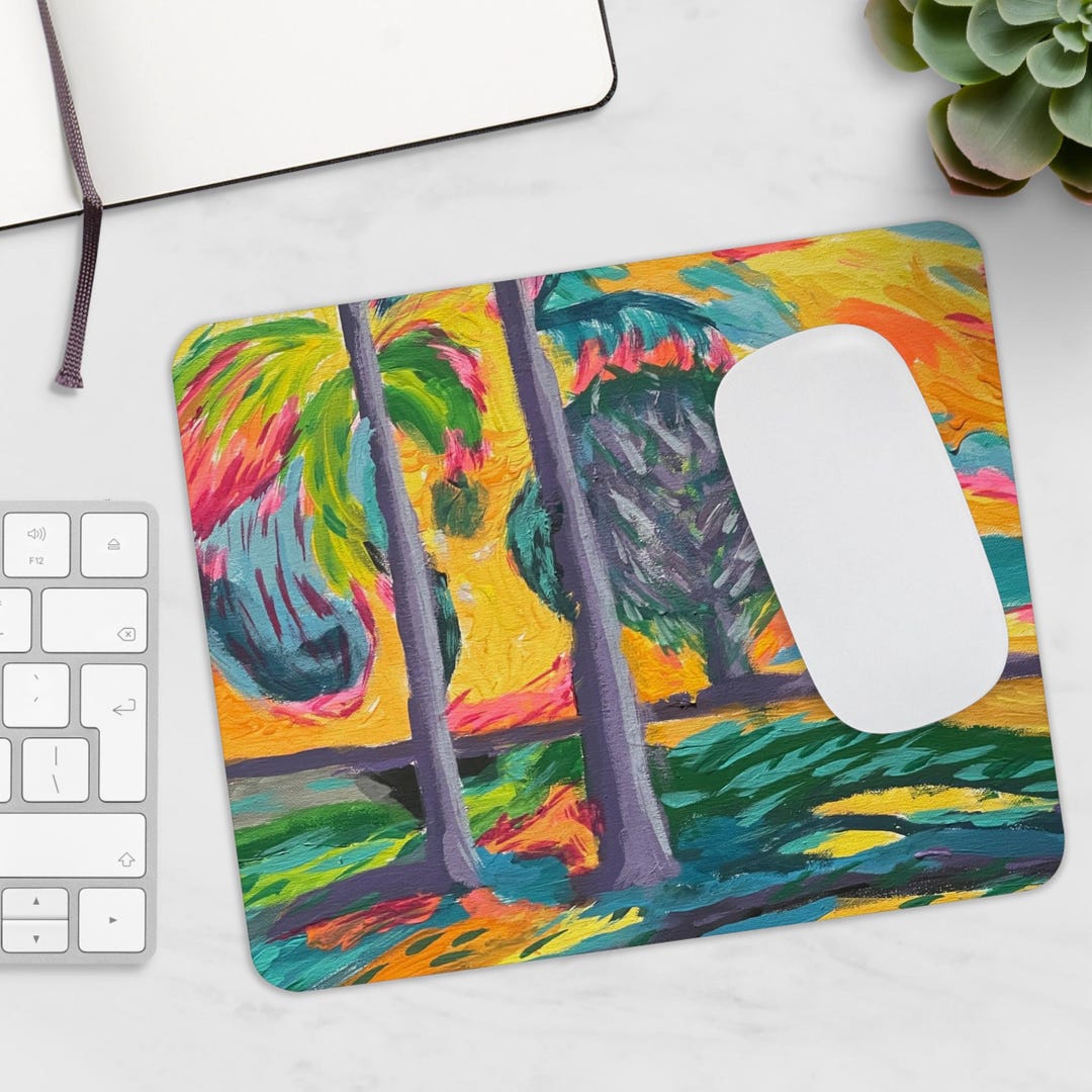 Colorful Tropical Landscape Mouse Pad | Vibrant Palm Tree Art - Etsy