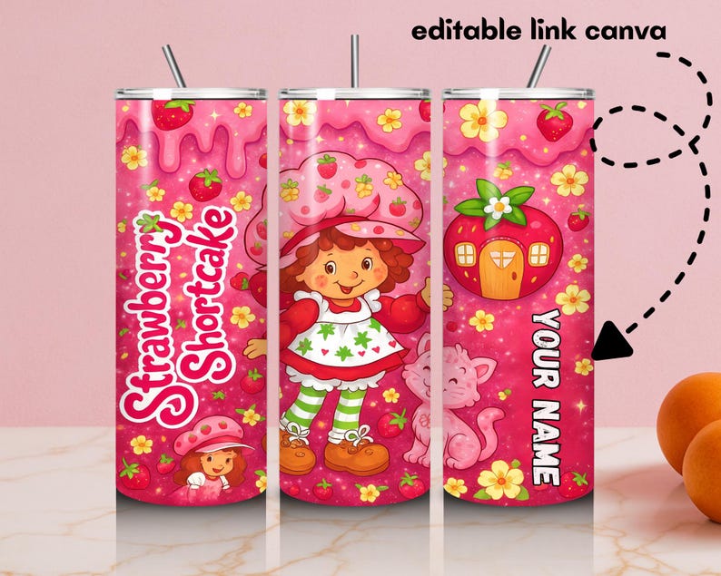 Strawberry Girl Tumbler Wraps | Retro Cartoon, Pink Berry 20oz Skinny ...