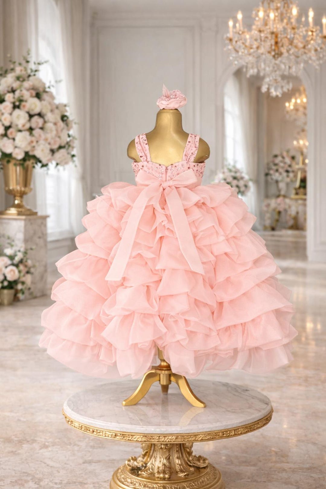 Powder Pink Girl's Princess Dress, Layered Tulle Flower Girl Dress ...