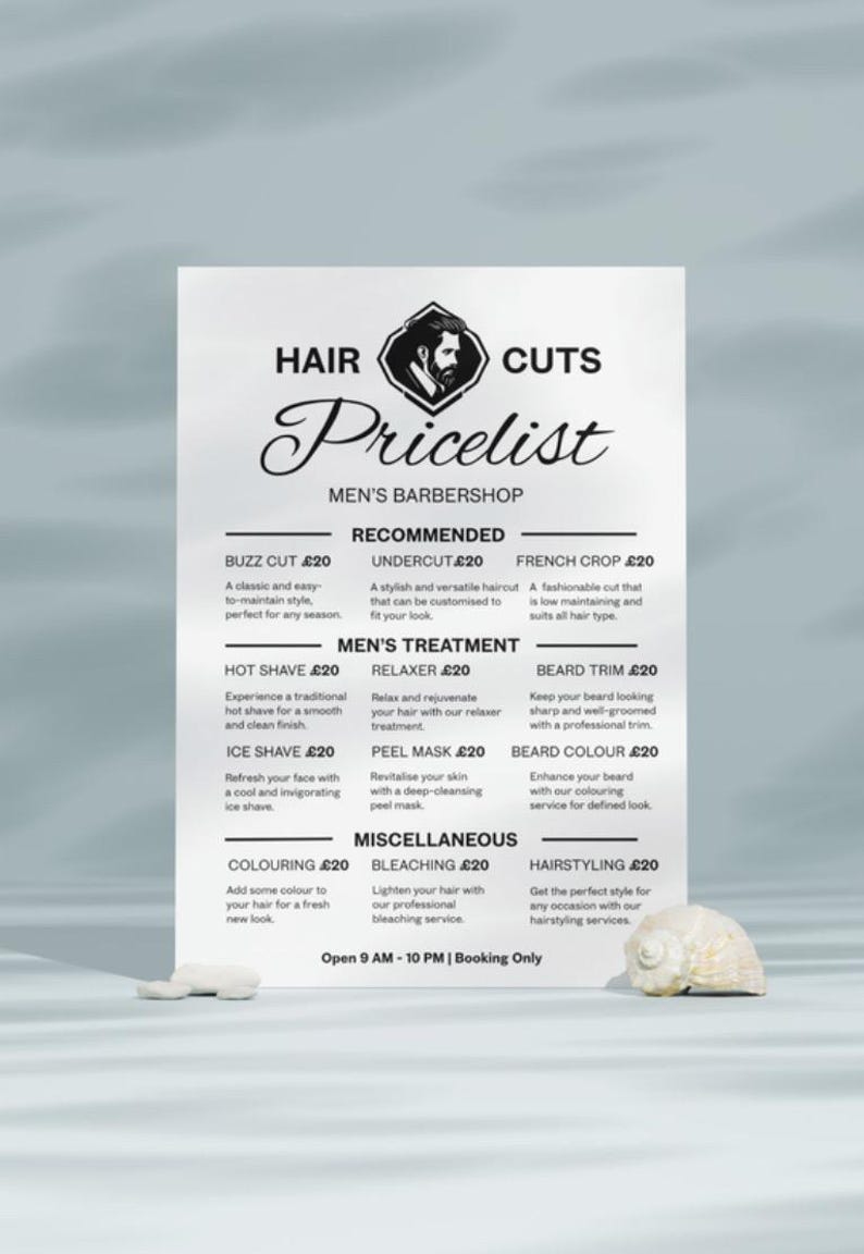 Editable Barber Pricelist Template | Barbershop Price List | Men’s ...